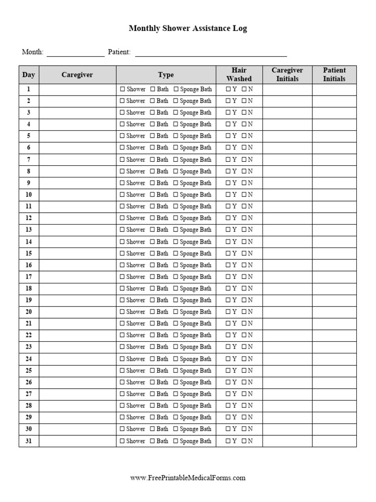 Monthly Shower Assistance Log | PDF