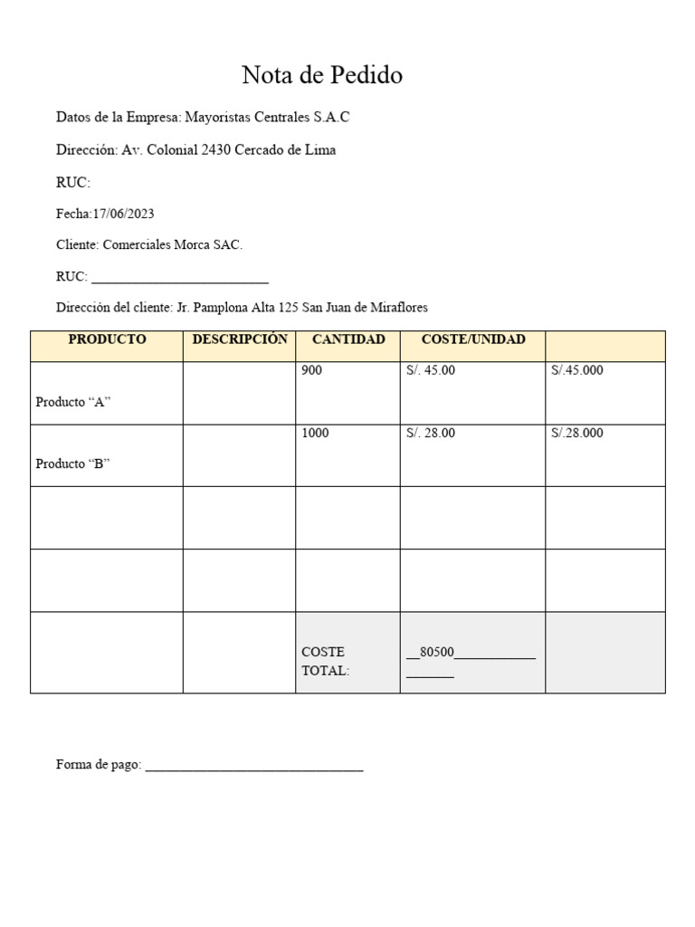 Nota de Pedido en Word | PDF