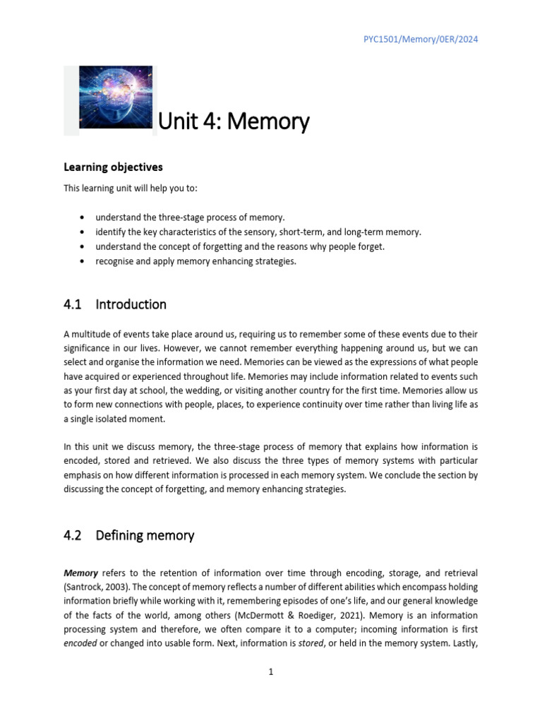 PYC1501 Unit 4 Memory OER | PDF | Memory | Recall (Memory)
