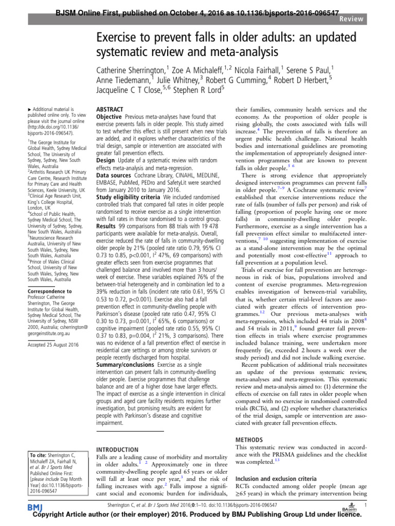 Exercise To Prevent Falls in Older Adults An Updated Systematic Review and Meta-Analysis | PDF ...