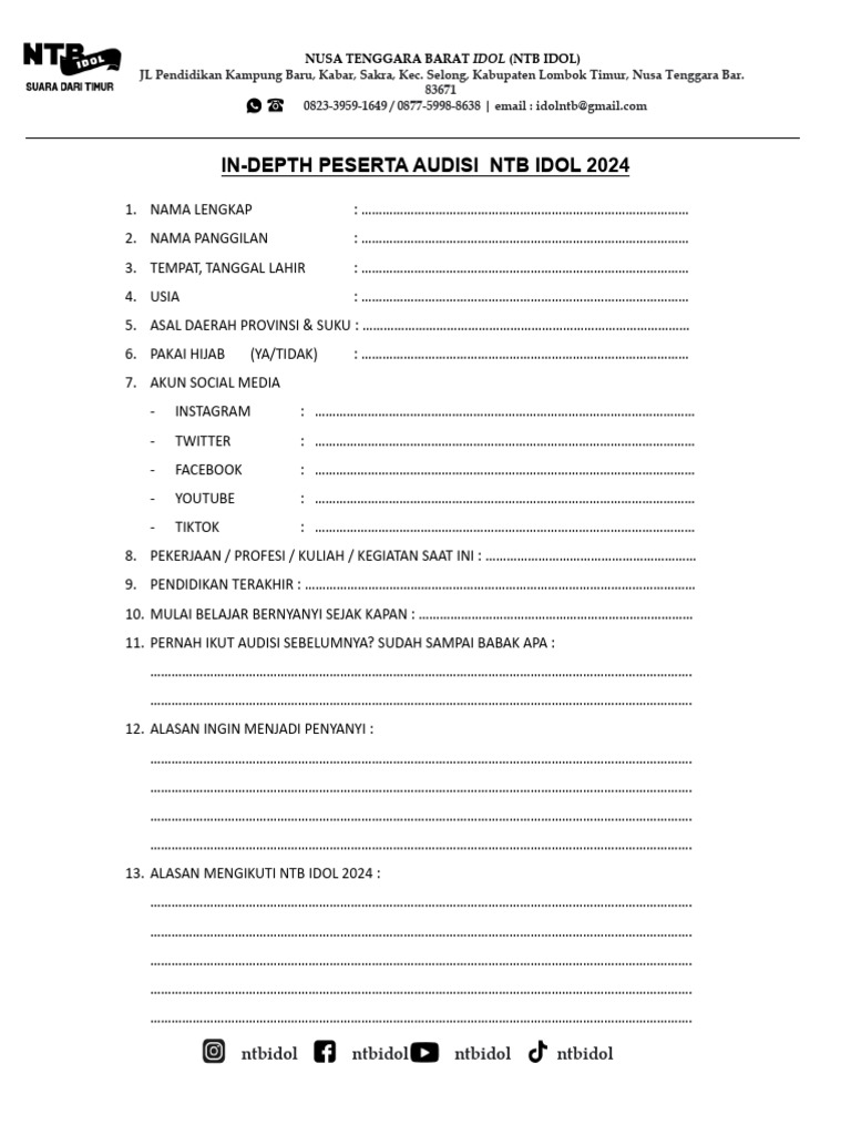 Form Indepth Audisi NTB Idol 2024 | PDF