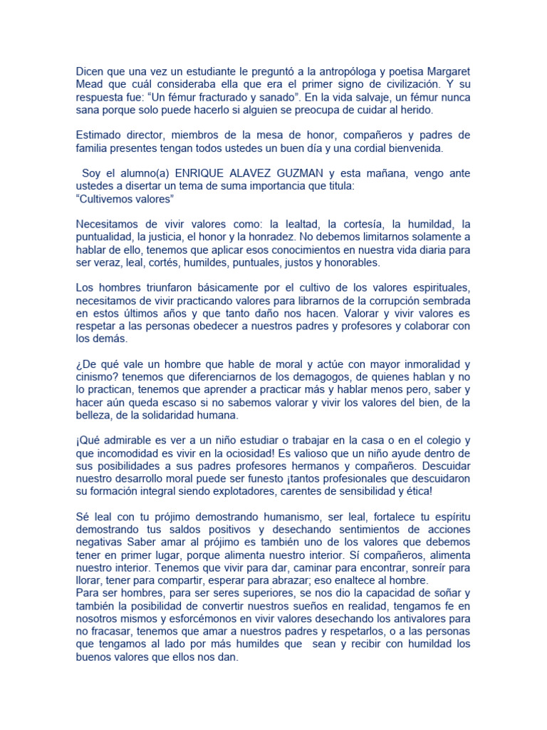 Discurso de Oratoria Valores | Descargar gratis PDF | Moralidad