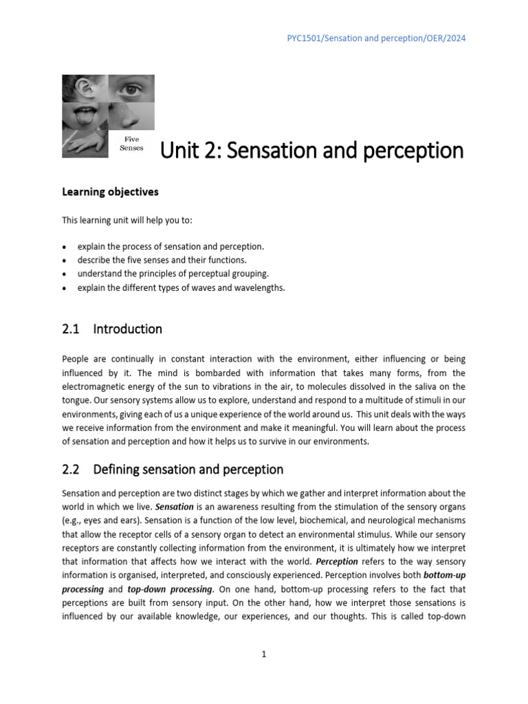 PYC1501 Unit 2 Sensation and Perception OER | PDF | Electromagnetic Spectrum | Senses
