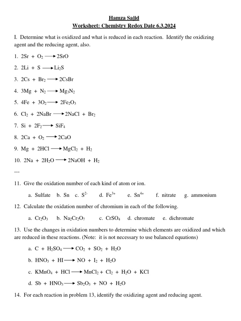 Worksheet Redox | PDF | Redox | Chemical Reactions