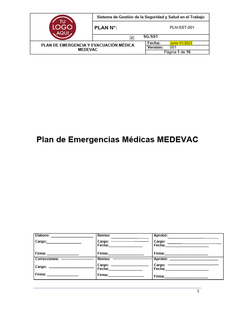 Plan de Emergencia y Evacuación Médica Medevac | PDF | Hospital | Primeros auxilios