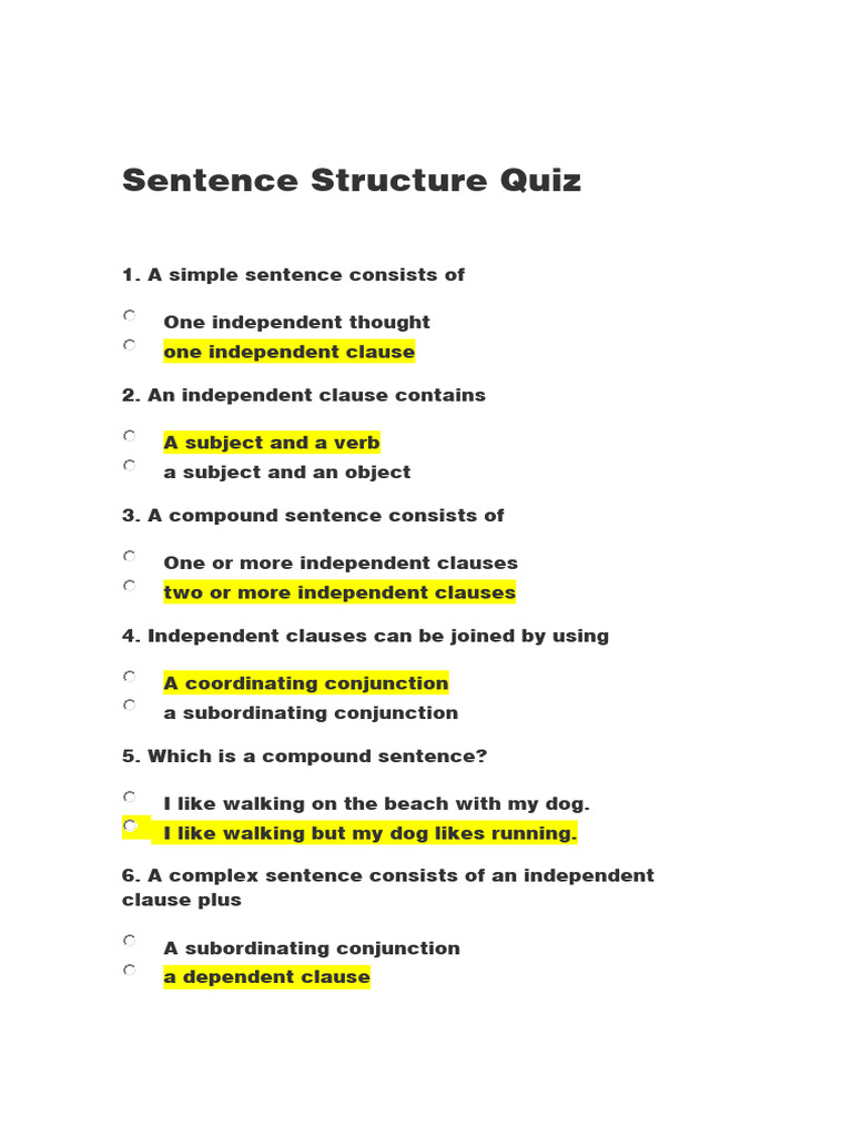 Sentence Structure Quiz | PDF