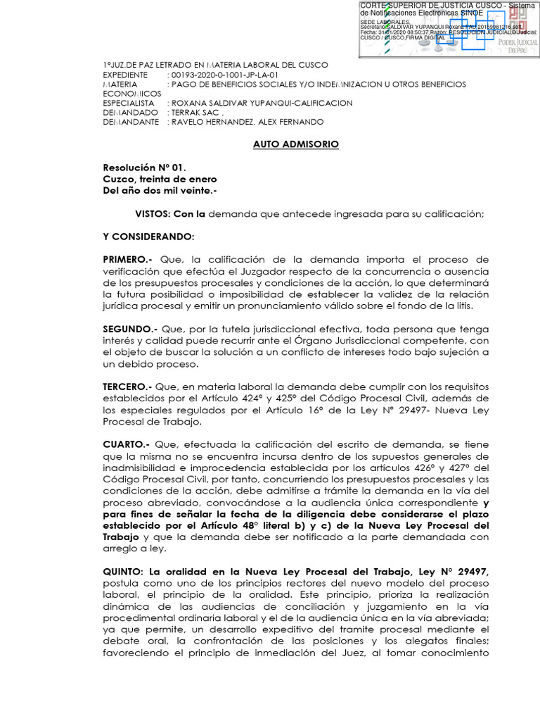 Auto Admisorio - Proceso Abreviado | PDF | Ley procesal | Demanda judicial