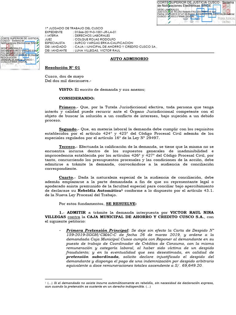 Auto Admisorio - Proceso Ordinario | PDF | Demanda judicial | Ley procesal