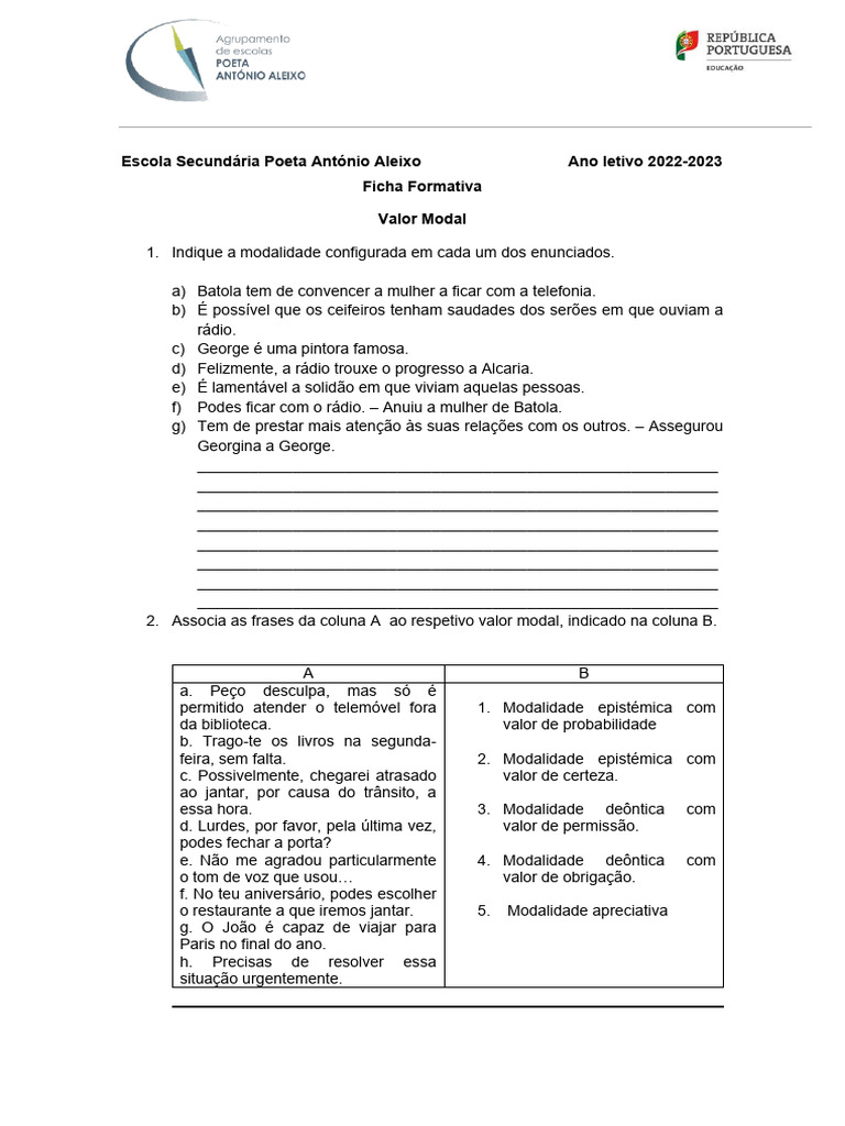 12º Ficha Valor Modal | PDF