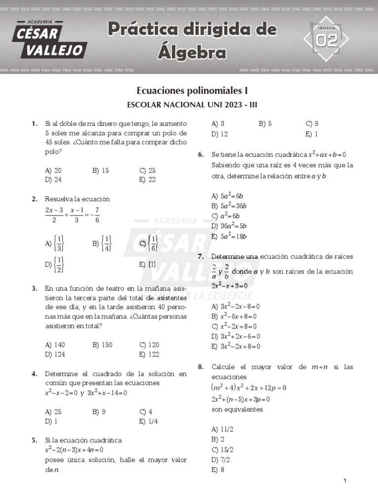 X Esc Nac UNI Diri Sem02 | PDF | Ecuaciones | Matemáticas