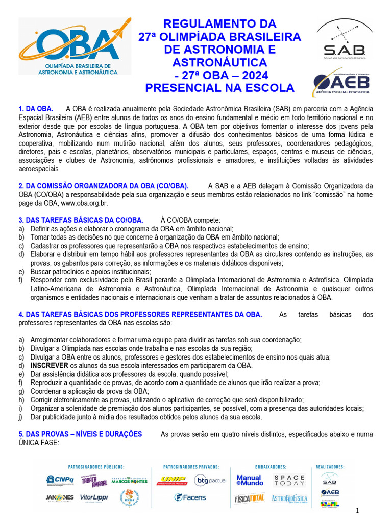 Regulamento Da Oba de 2024 | PDF | Satélite | Terra