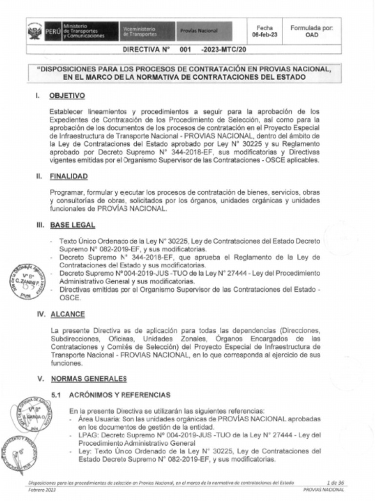 Directiva N° 001-2023 - Disposiciones para procesos de Contratación en Provías Nacional | PDF