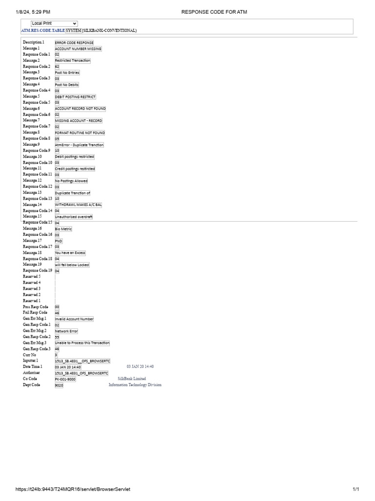 ATM Response Codes Guide | PDF