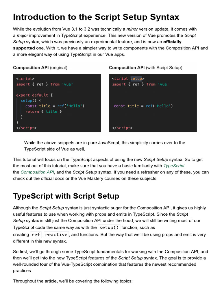 Introduction To The Script Setup Syntax - TypeScript Friendly Vue 3 - Vue Mastery | PDF ...