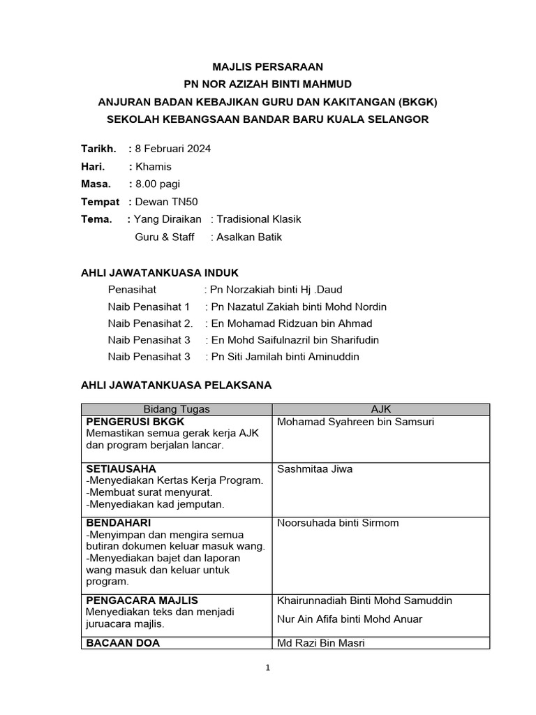Ajk & Tentatif Majlis Persaraan PN Nor Azizah Mahmud 2024 | PDF