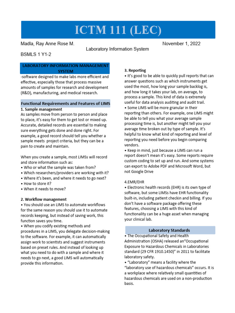 Essential Features of Laboratory Information Systems | PDF ...