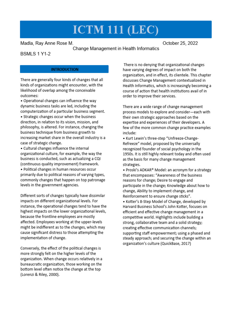 ICTM (LEC) Change Management in Health Informatics (WEEK 9) | PDF | Change Management | Health ...