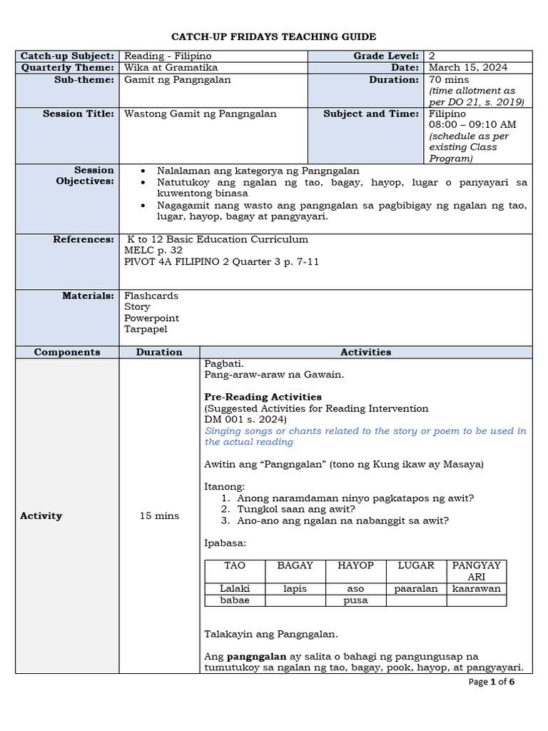 Grade2 Filipino Reading - Catch Up Friday | PDF