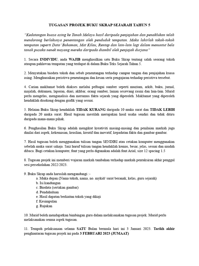 TUGASAN PROJEK BUKU SKRAP SEJARAH TAHUN 5 | PDF