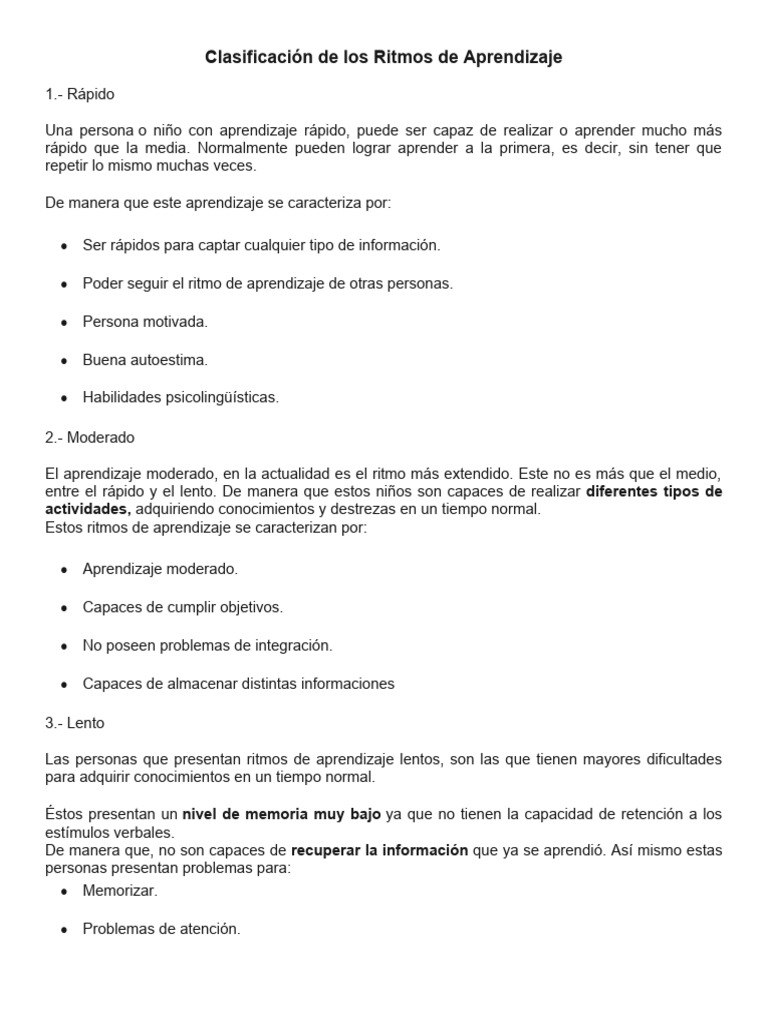 Clasificación de los Ritmos de Aprendizaje | PDF