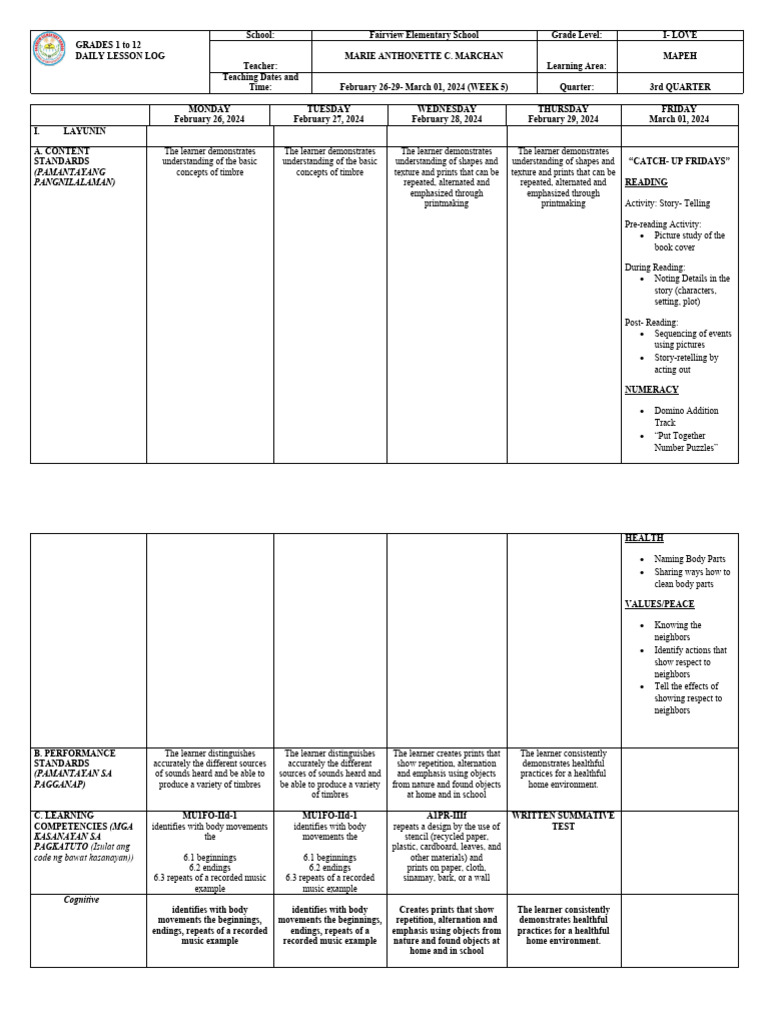 Fes - DLL - Template Mapeh | PDF | Learning | Sound