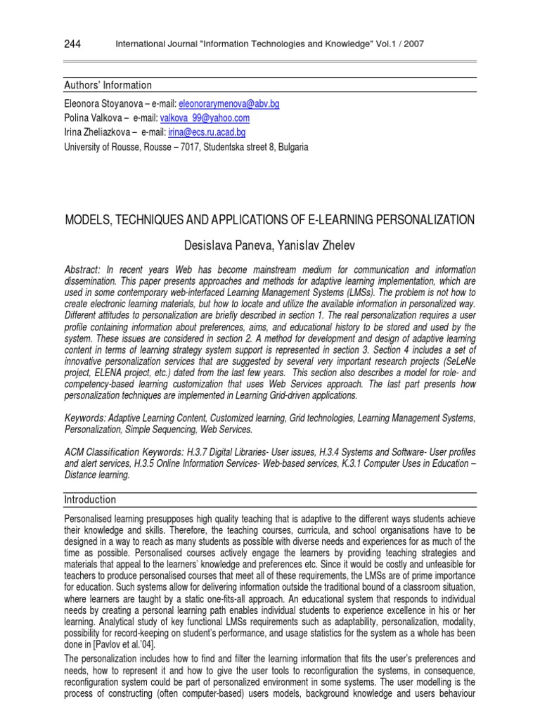Models, Techniques and Applications of E-Learning Personalization ...