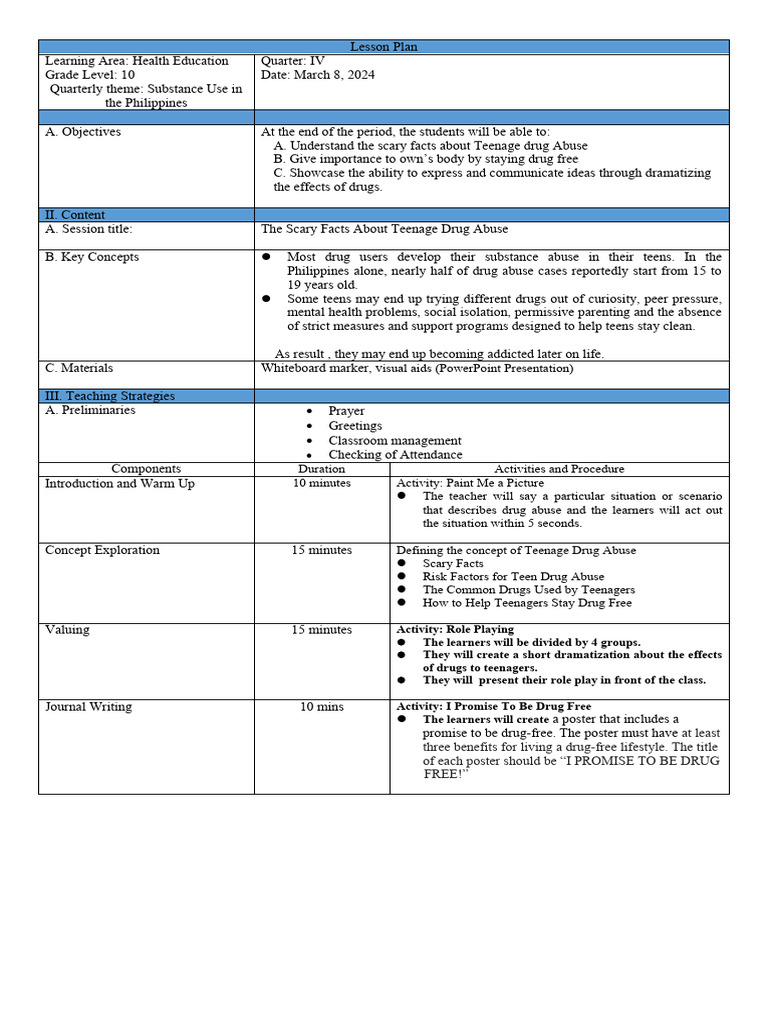 Teenage Drug Abuse Lesson Plan | PDF