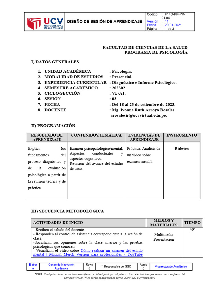 Diseño de Sesión de Aprendizaje N° 03 | PDF | Evaluación | Sicología