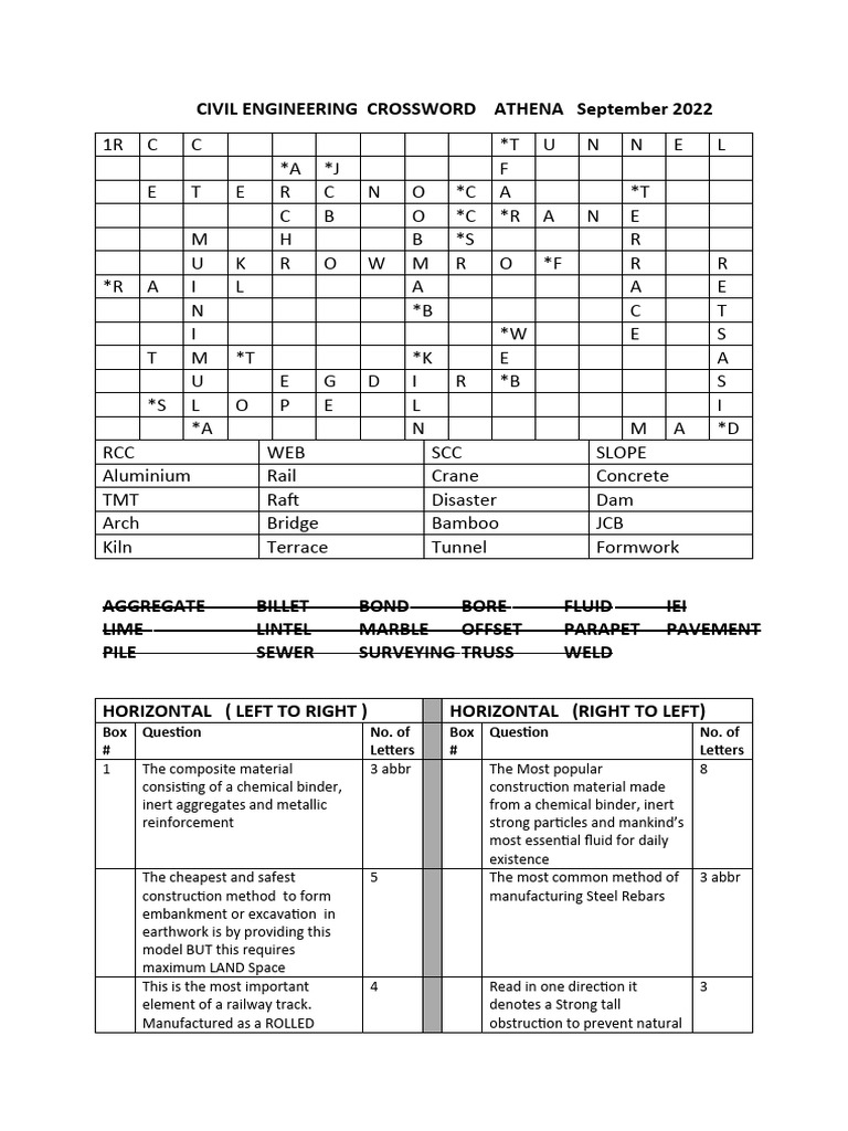 Civil Engineering Crossword Puzzle | PDF | Concrete | Brick