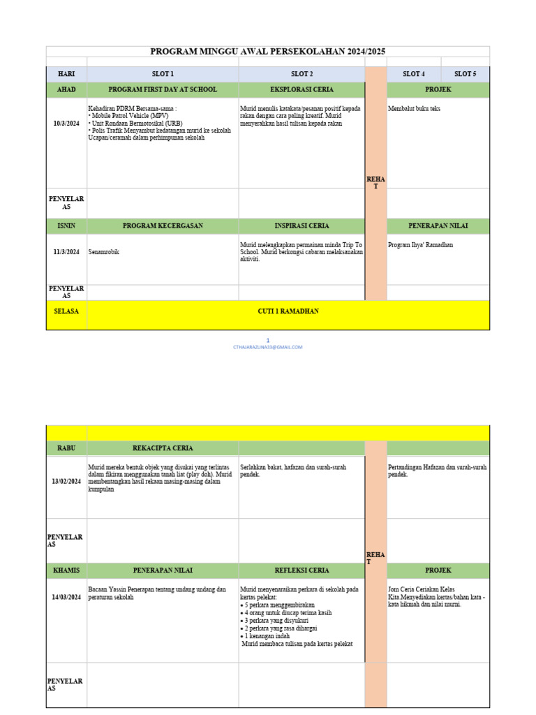 Program Minggu Awal Persekolahan 2024 | PDF