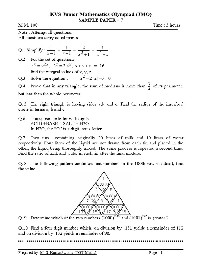 Kvs Jmo Sample Paper 07 With Solutions | Download Free PDF | Triangle ...