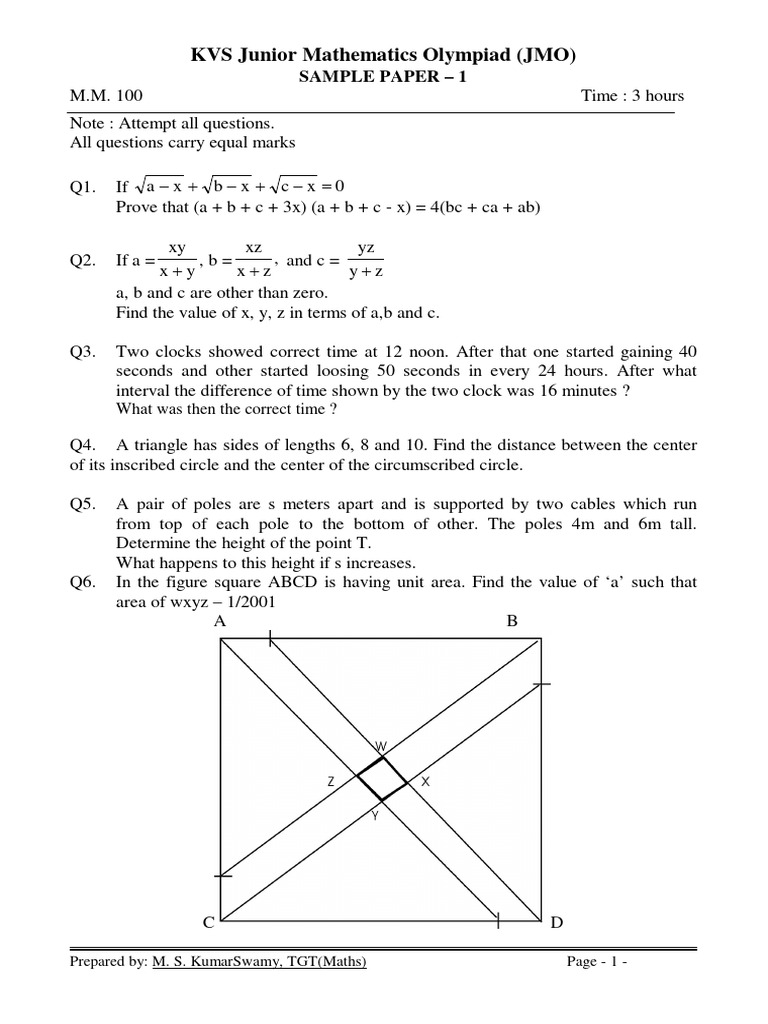 Kvs Jmo Sample Paper 01 With Solutions | PDF | Euclidean Plane Geometry ...