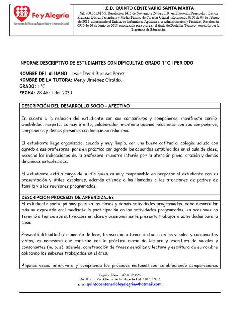 1°c Informe Descriptivo Buelvas Perez Jesus David | PDF | Educación ...