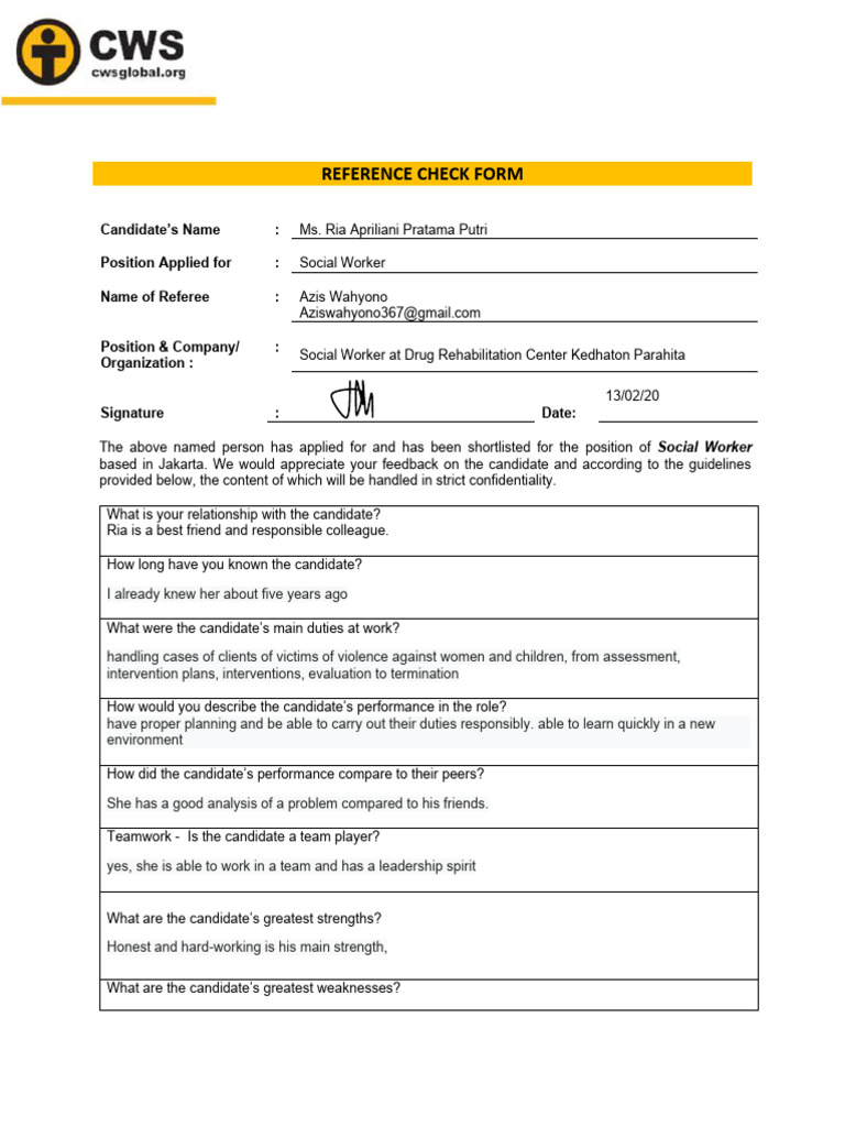 Reference Check For Ms. Ria Apriliani Pratama Putri | PDF | Child ...