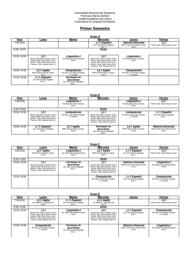 Horario Licenciatura Lenguas Extranjeras UAZ | PDF | Comunicación ...