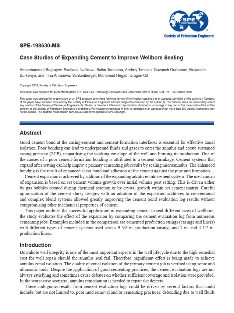 Case Studies of Expanding Cement To Improve Wellbore Sealing | PDF ...