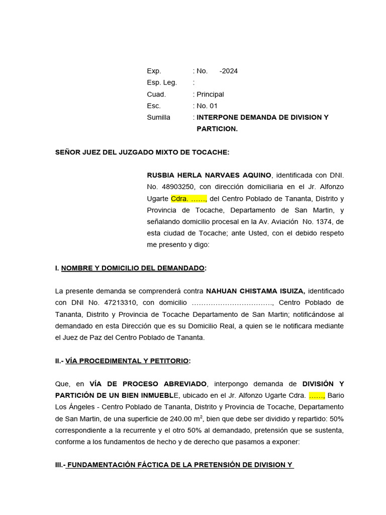 Demanda de Particion y Division de Bien Inmueble - Rusbia | PDF | Demanda judicial | Documento ...