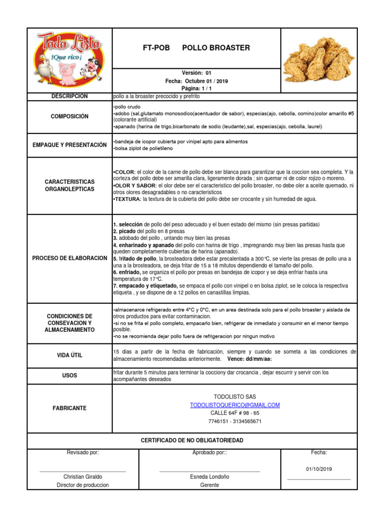 Ft-Pob - Pollo Broaster | PDF | Alimentos | Ciencia de los Alimentos