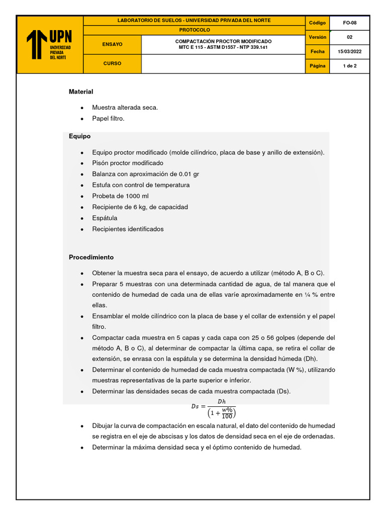 Protocolo Compactación Proctor Modificado | PDF | Densidad | Metrología