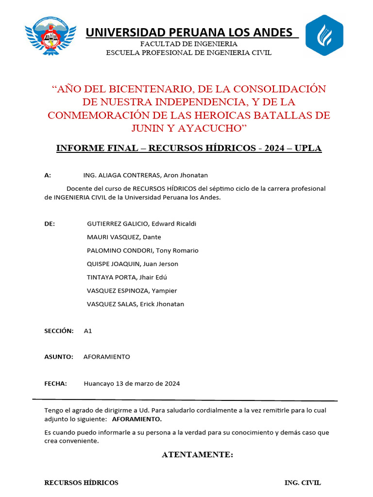 Informe Final RH | PDF | Agua | Descarga (hidrología)