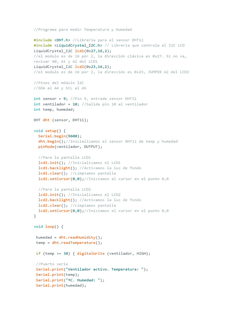 Programa de Arduino para Medir Temperatura y Humedad Con 2 LCD 1602 | PDF | Ingeniería ...