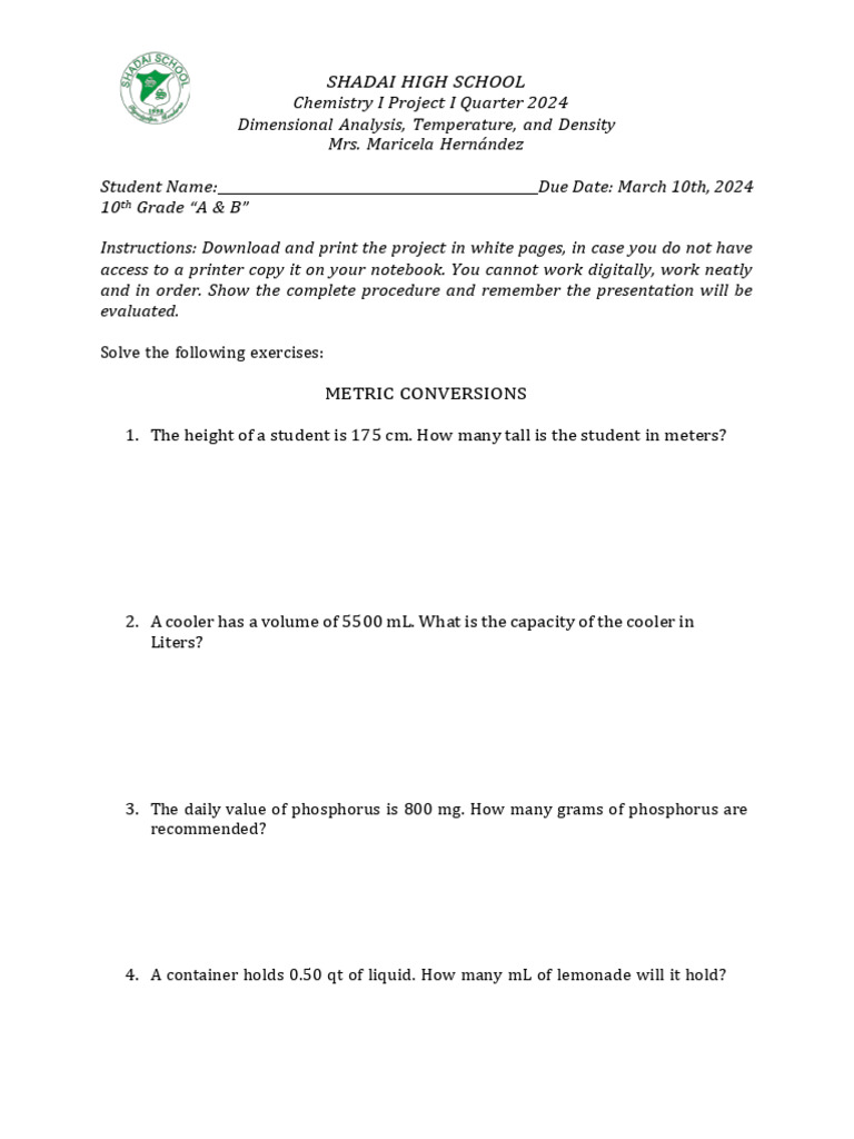 10TH Grade Project Chemistry I Quarter 2024 | PDF | Density | Temperature