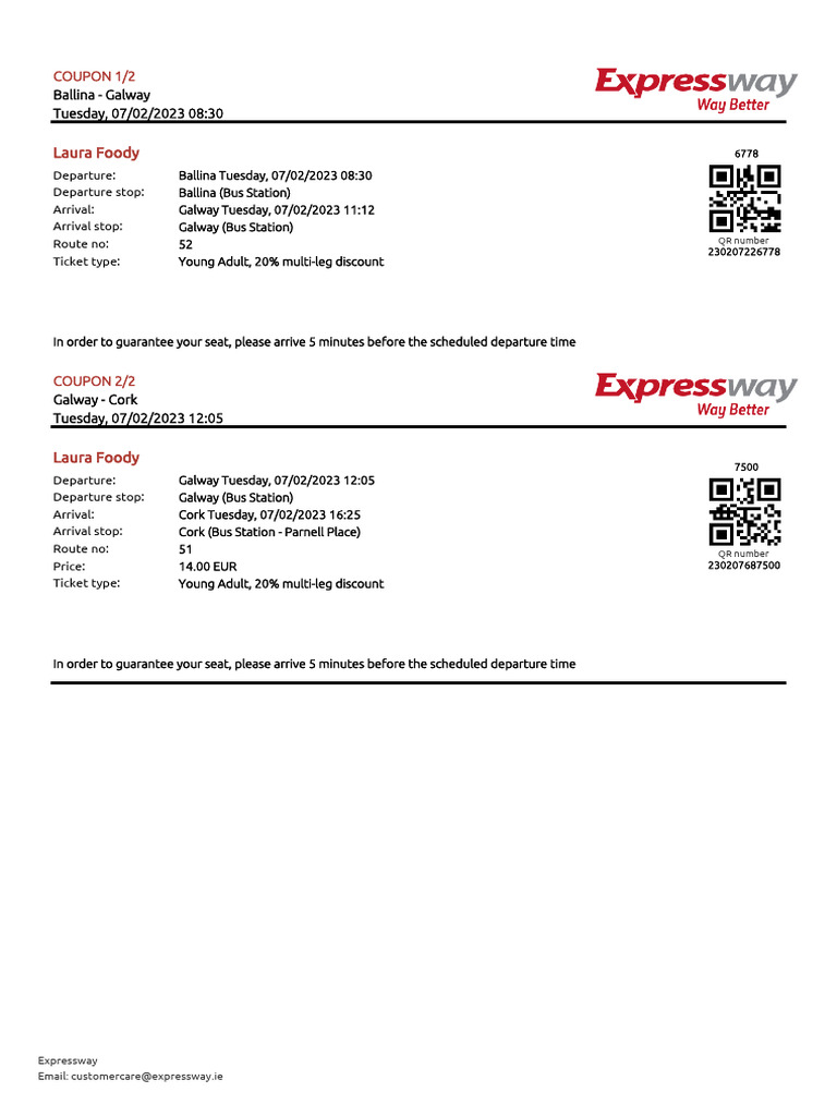 Ballina to Cork Bus Ticket Details | PDF