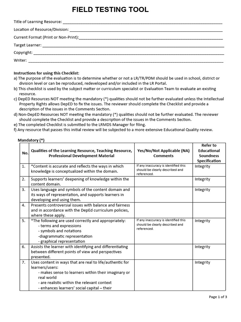 LRM FORM 11 Field Testing Tool.F | PDF | Learning | Usability
