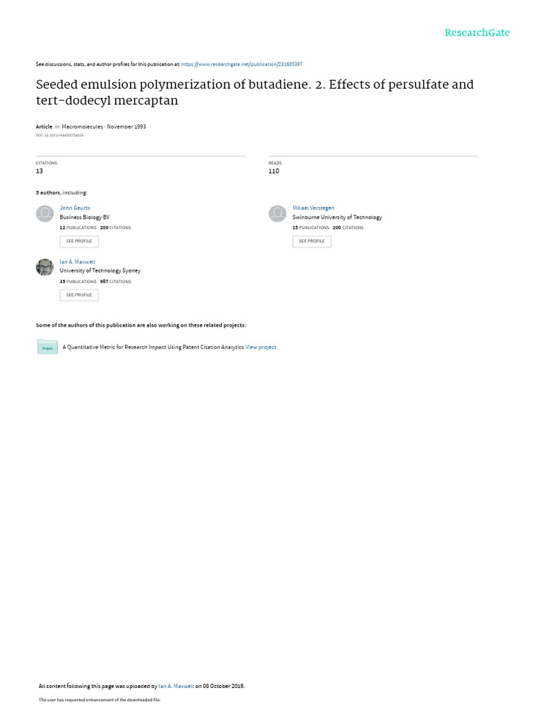Seeded Emulsion Polymerization of Butadiene 2 Effe | PDF | Reaction ...