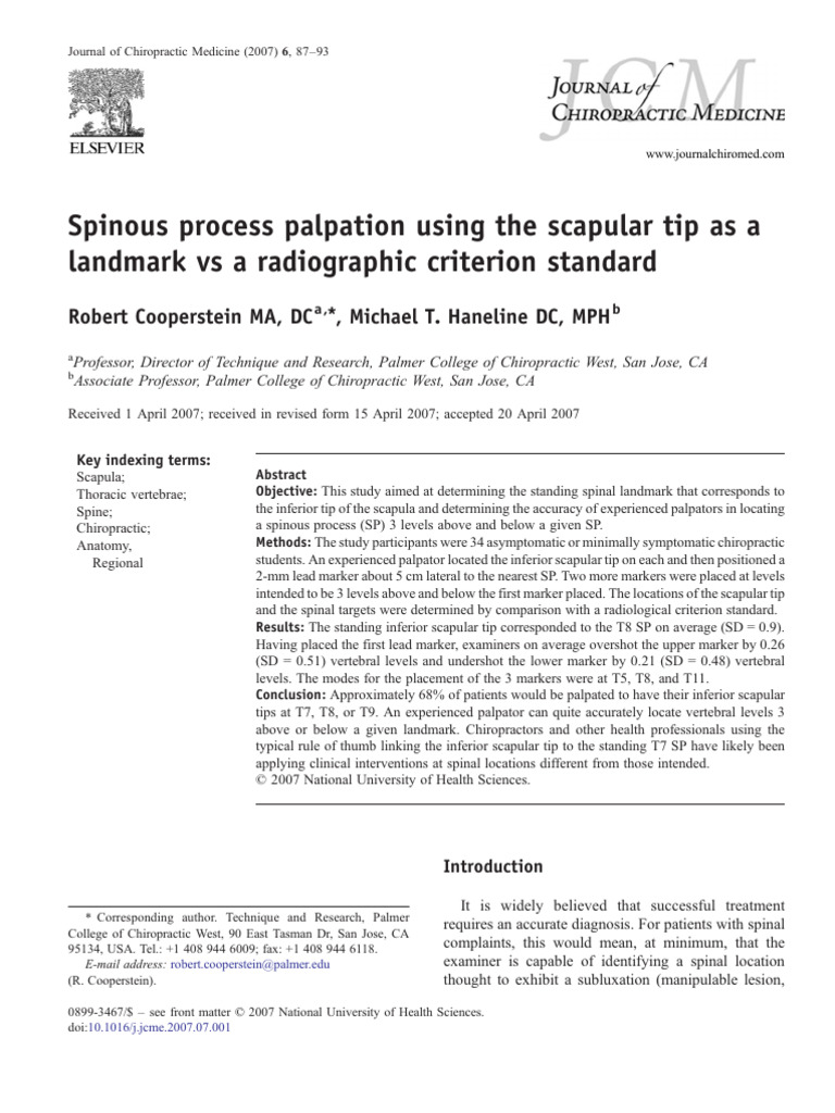 Spinous process palpation using the scapular tip as a landmark vs a ...