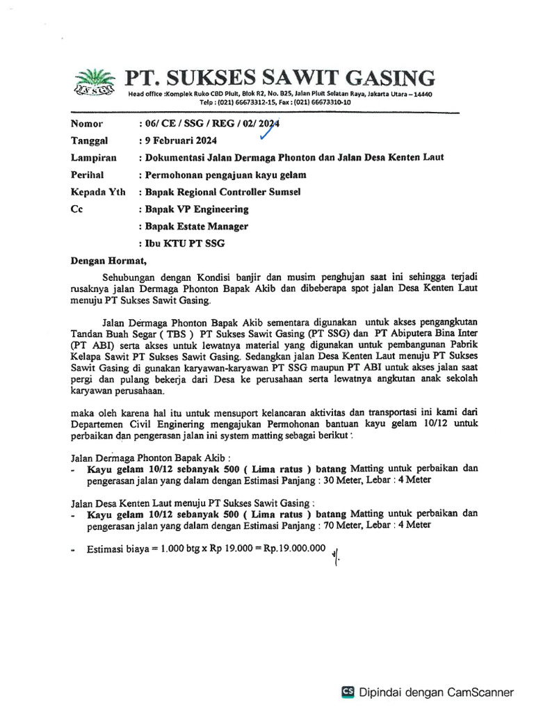 Permohonan Kayu Gelam Untuk Perbaikan Jalan PT SSG | PDF