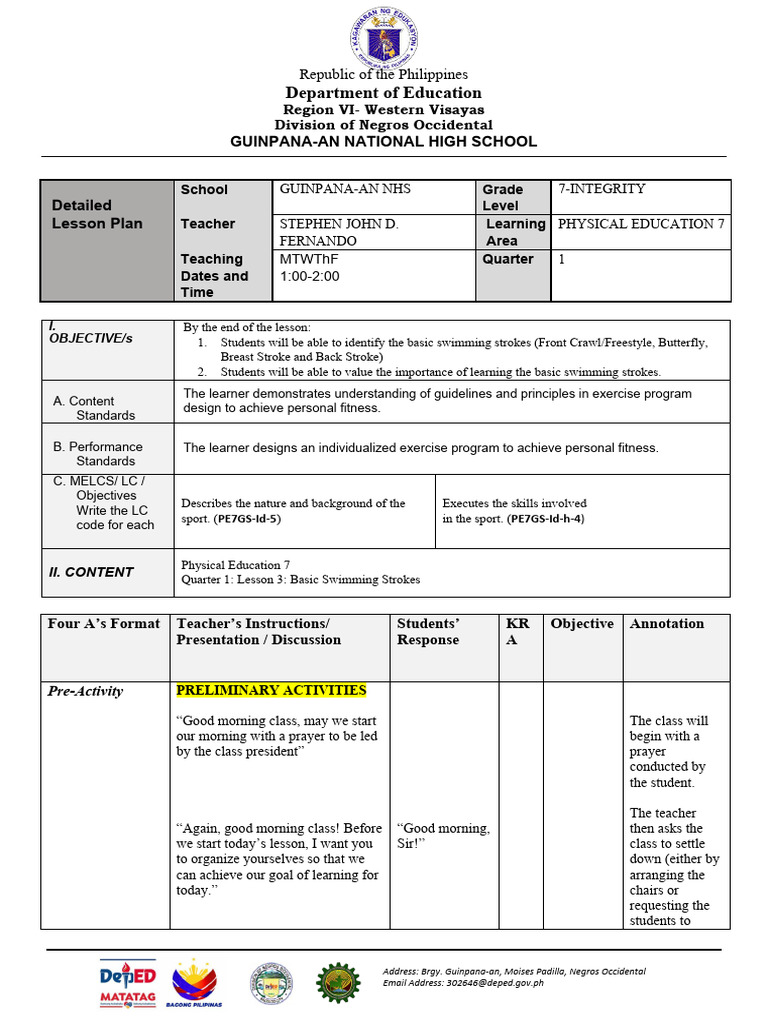 Water Fitness Lesson Plan: Swimming Strokes | PDF | Swimming | Leisure ...
