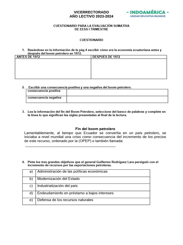 Cuestionario para La Evaluación Sumativa Lyl | PDF | Ecuador | Democracia