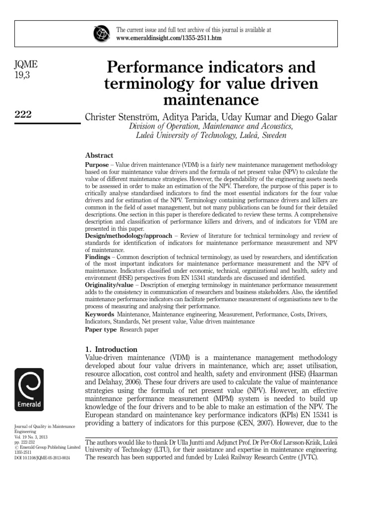 Performance Indicators and Terminology For Value Driven | PDF ...